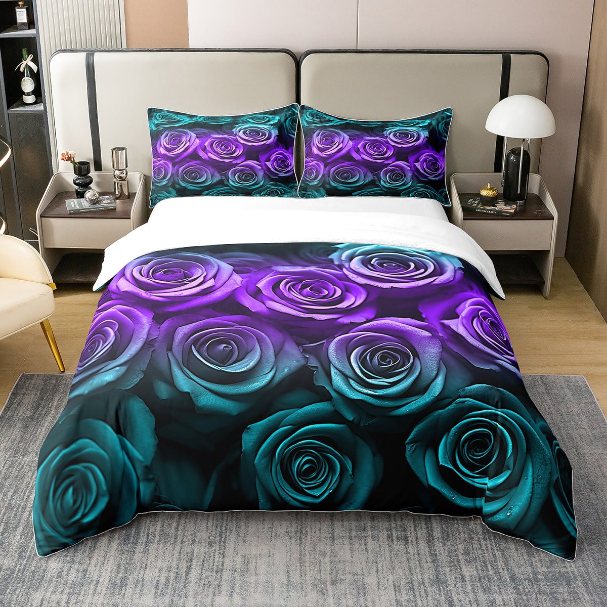 Erosebridal Ombre Rose 100% Cotton Bedding Set King Teal Purple Floral ...