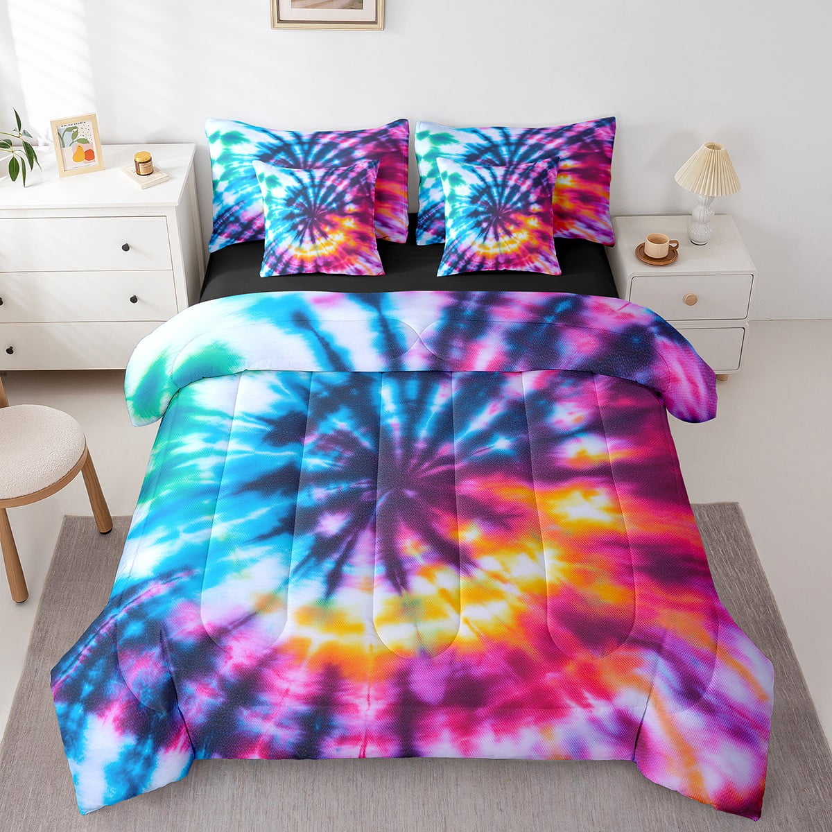 Ombre Swirl Queen Size Comforter Set, Rainbow Tie Dye Art Luxury Soft Teens Bedding, Abstract ...