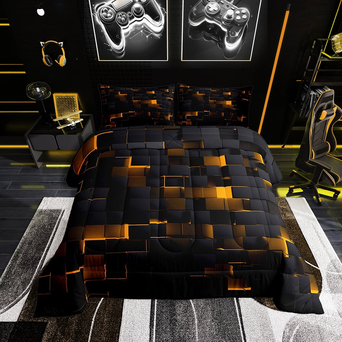 YST Orange And Black Comforter Set Full Neon Geometric Checkered ...