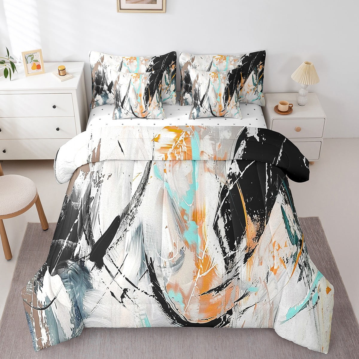 Orange And Black Comforter Set King Abstract Graffiti Bed In A Bag 7 ...