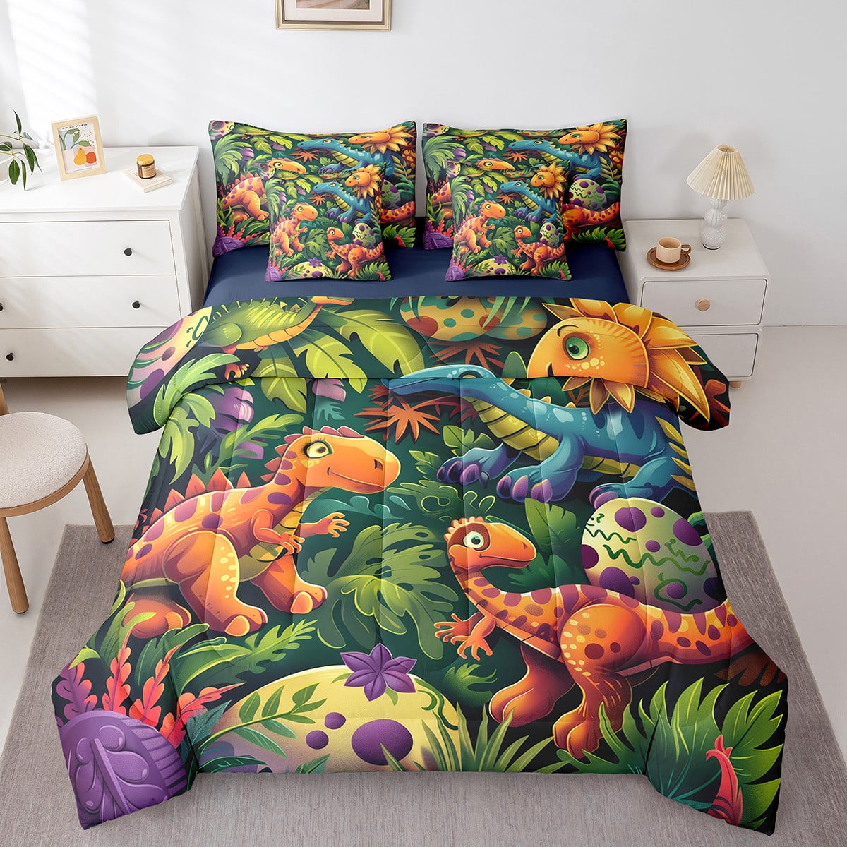 YST Orange Blue Dinosaur 7 Pcs Comforter Set Twin,Cartoon Dinosaur Dino Bed in a Bag with Flat ...