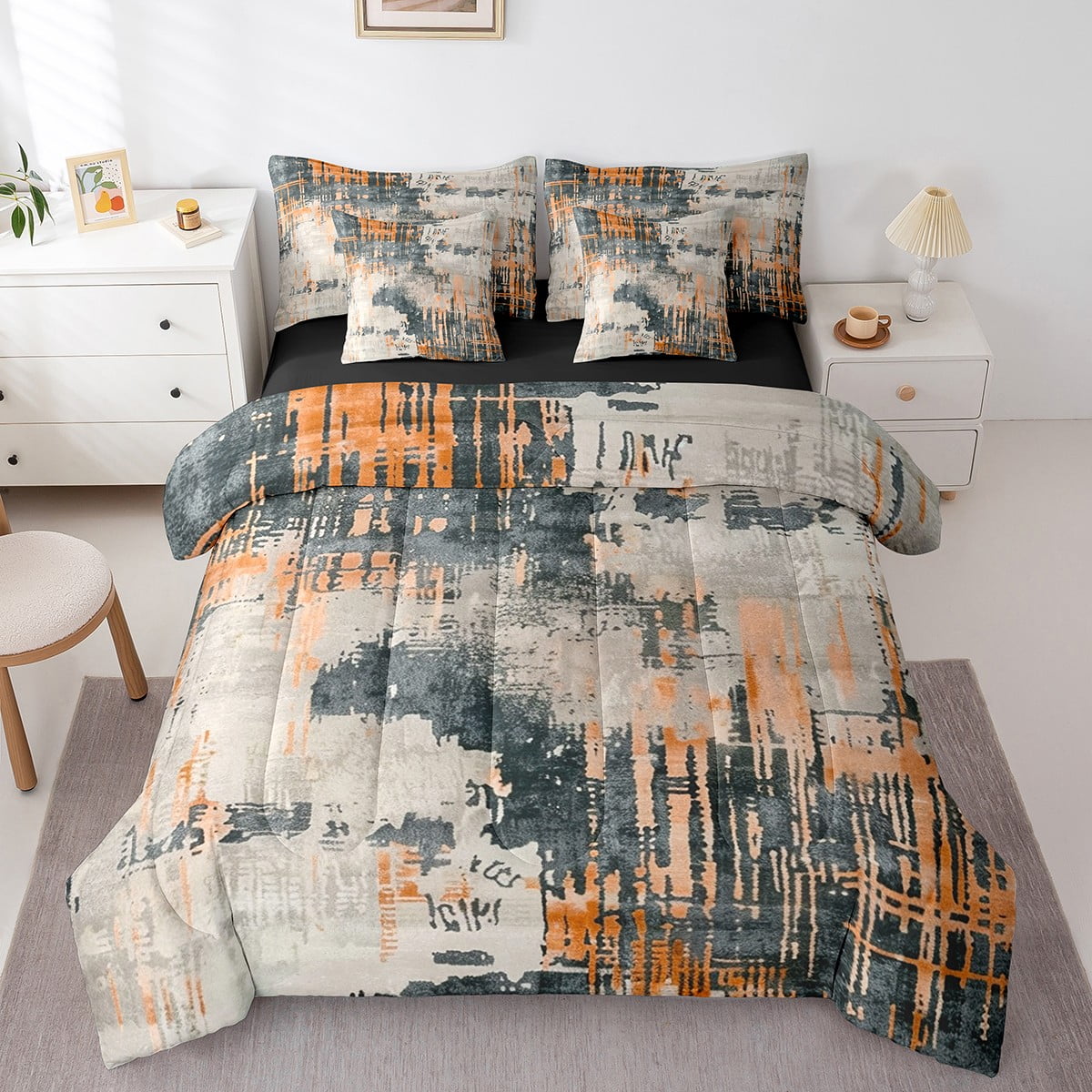 YST Orange Grey Abstract 7 Pieces Bedding Set Queen Size,Modern ...