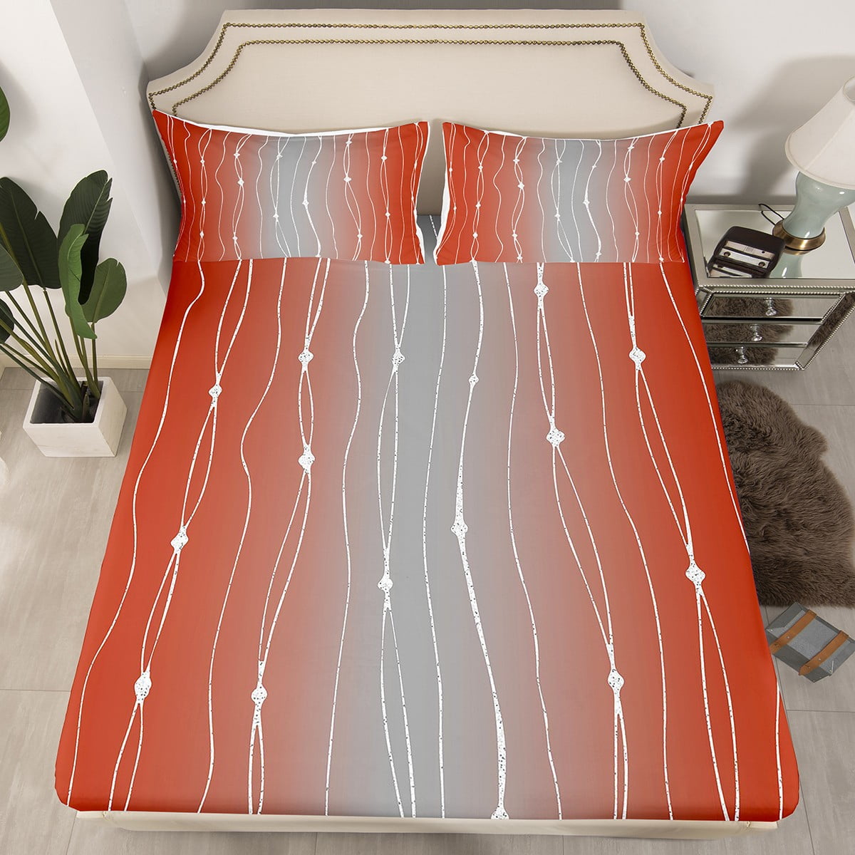 YST Orange and Grey Full Fitted Sheet Gradient Ombre Sheets, Wave Lines ...