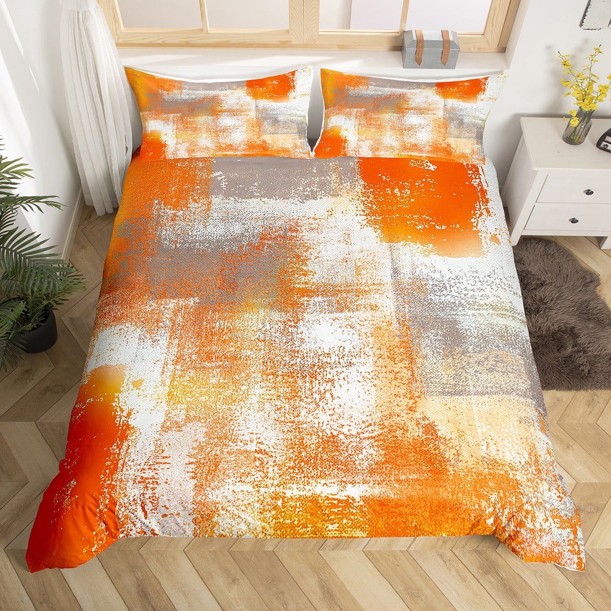 YST Orange Grunge Duvet Cover Queen Abstract Bedding Set for Adults ...