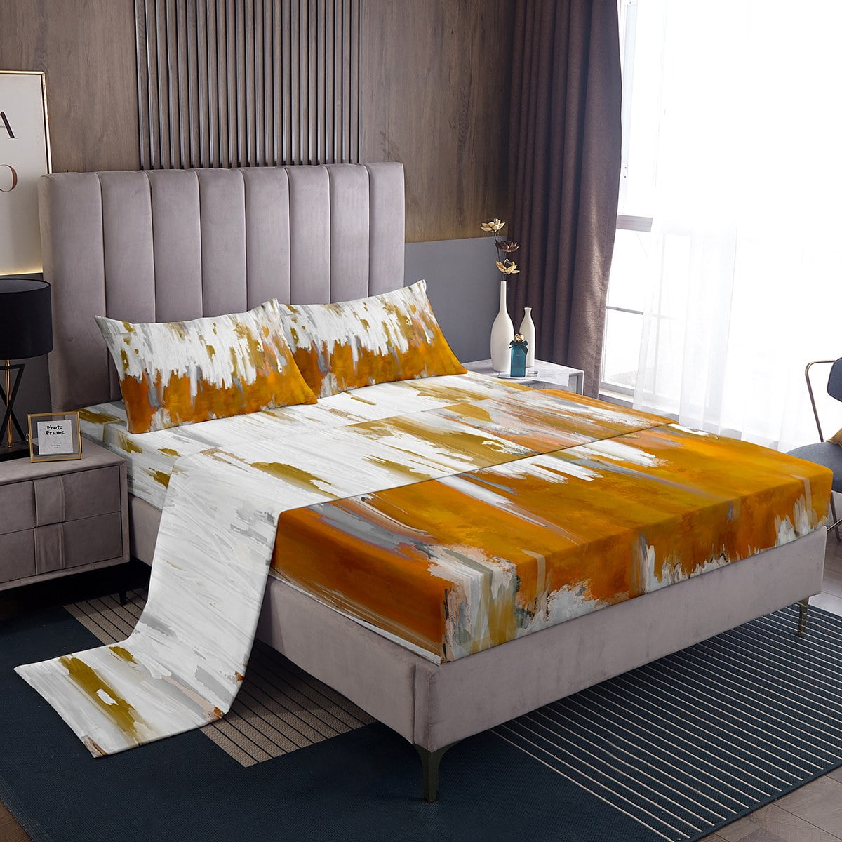 YST Orange Queen Sheets Gradient Stripe Bed Set, Modern Oil Painting ...