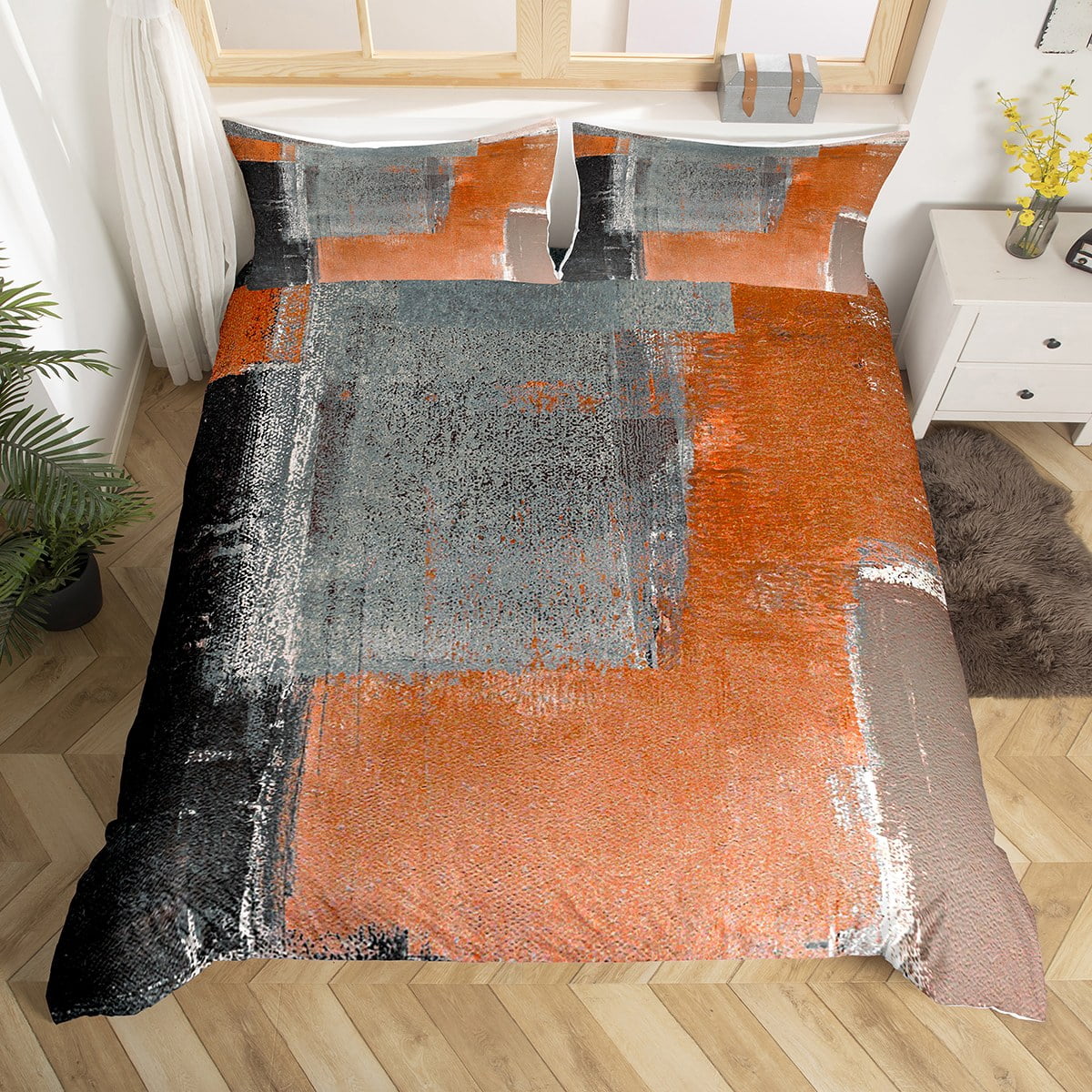 YST Orange Tie Dye Comforter Cover Black Abstract Bed Set, Gradient ...