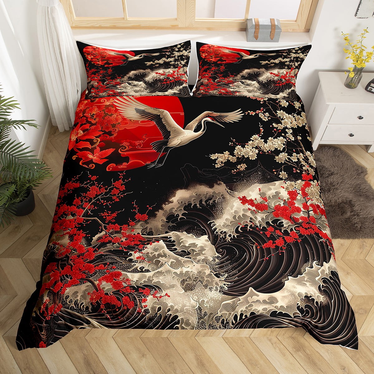 YST Oriental Cherry Blossoms Comforter Cover Japanese Asian Print Bed Set, Black and Red Toddler ...