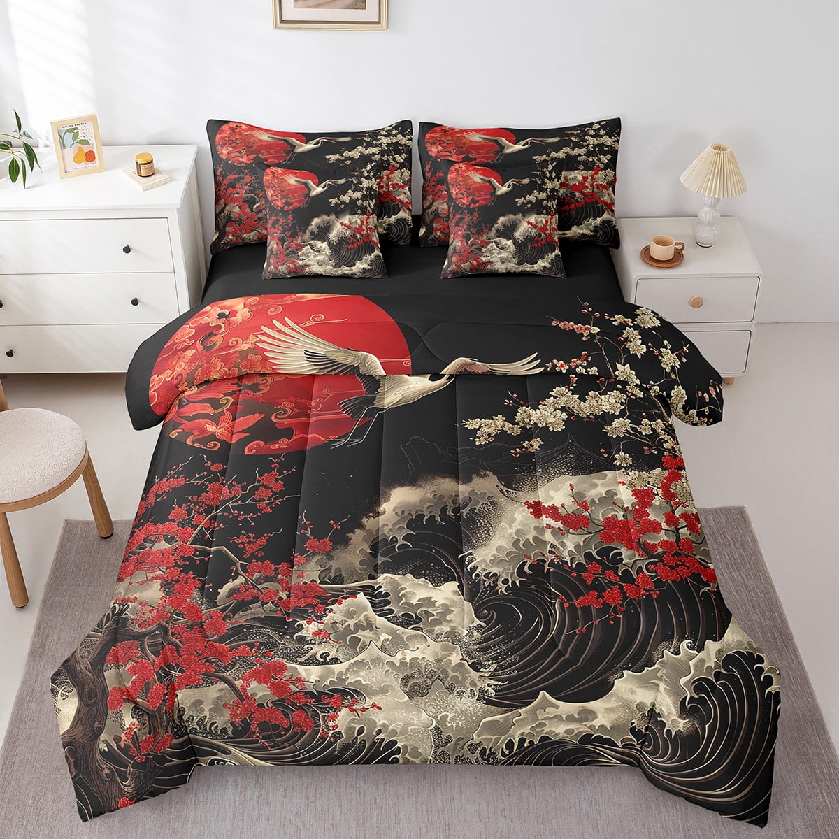 YST Oriental Cherry Blossoms Full Comforter Set 7 Pieces Japanese Asian ...