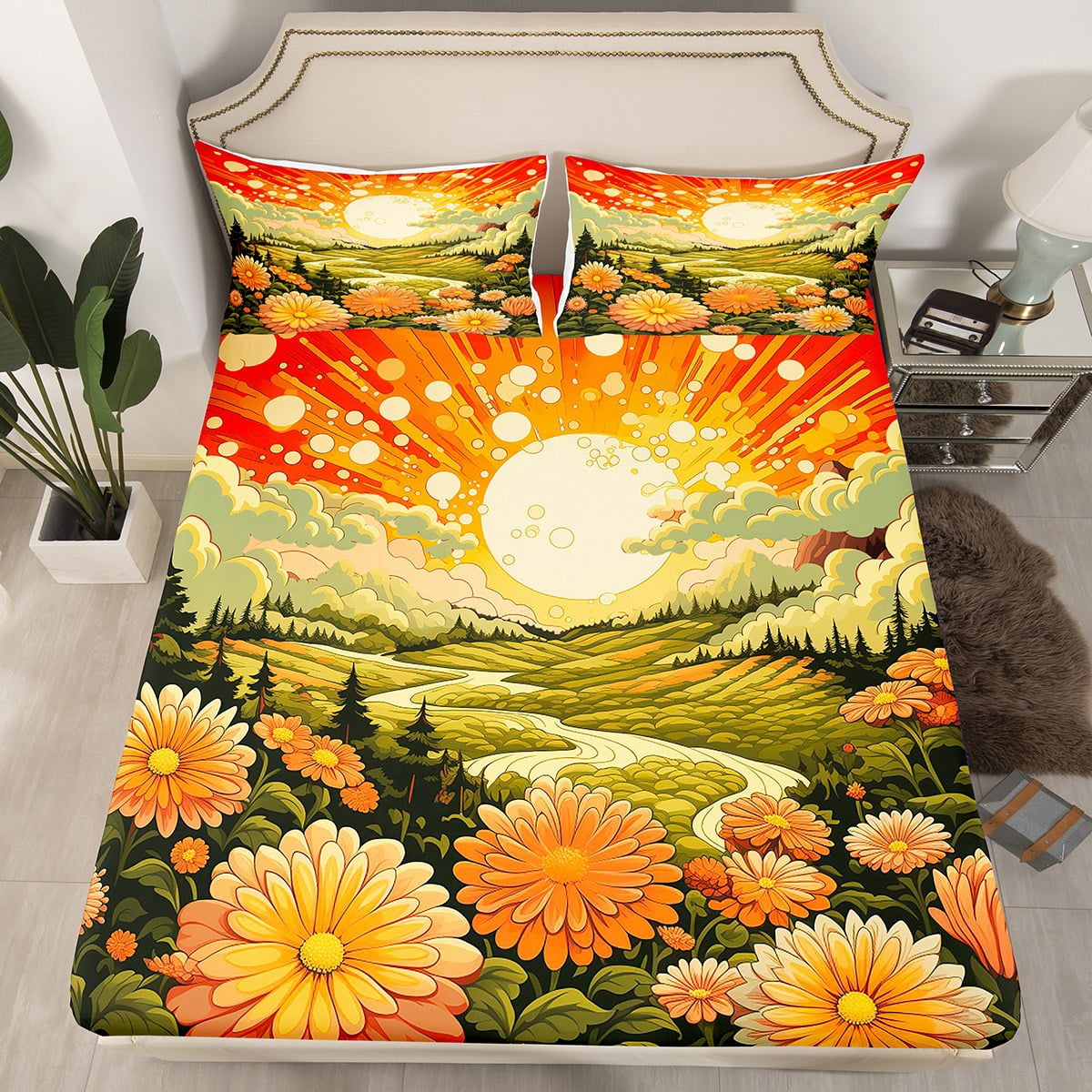 Erosebridal Oriental Fitted Sheet with Deep Pocket, Japanese Blooming ...
