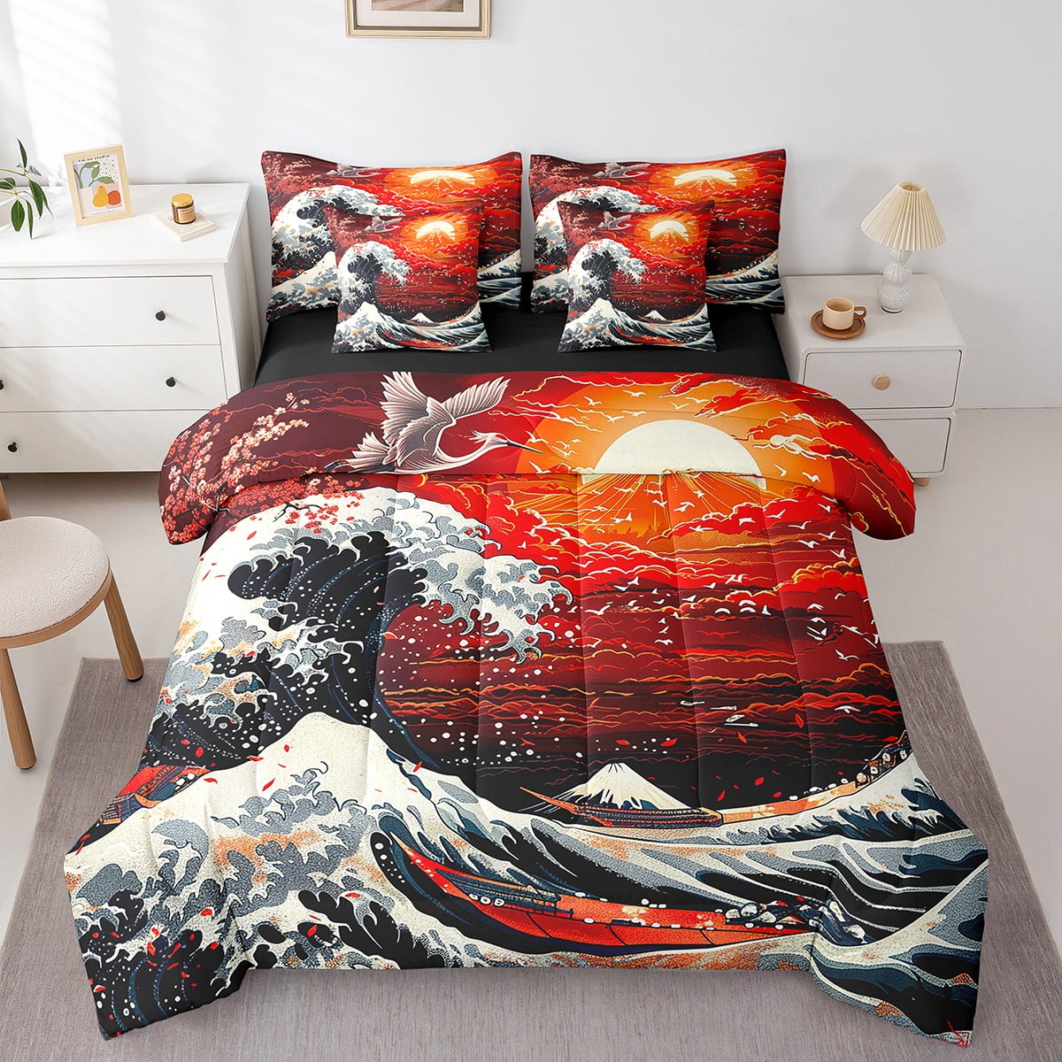 Oriental Japanese Style Queen Comforter Set 7 Pieces Ocean Wave Bedding ...