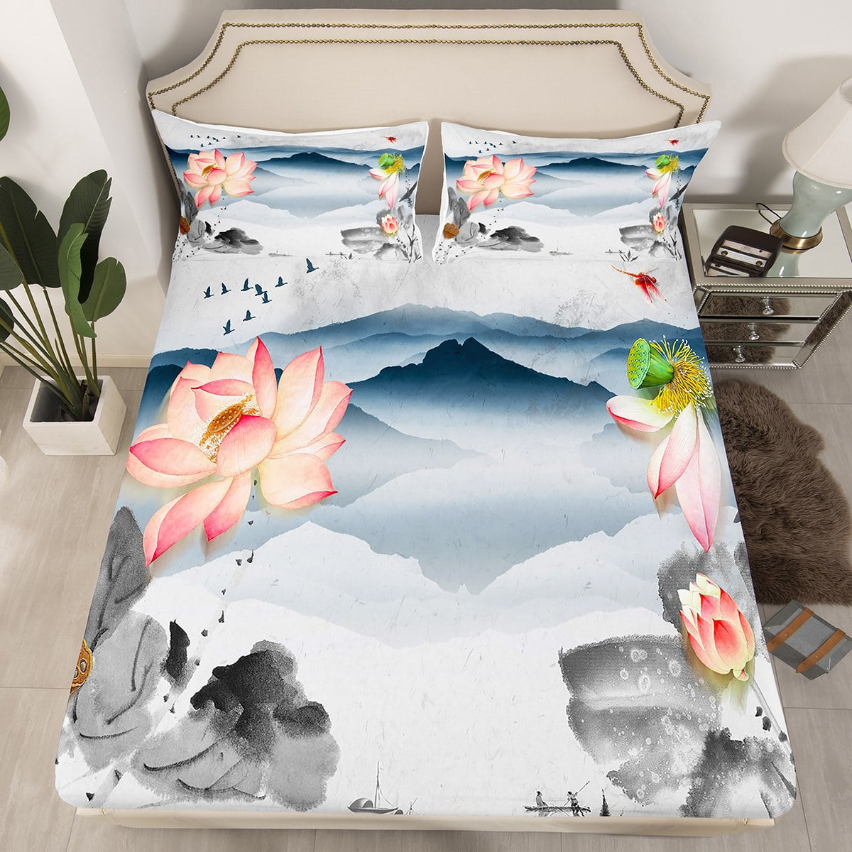 YST Oriental Style Bed Sheets Pink Lotus Flower Fitted Sheet Queen Size ...