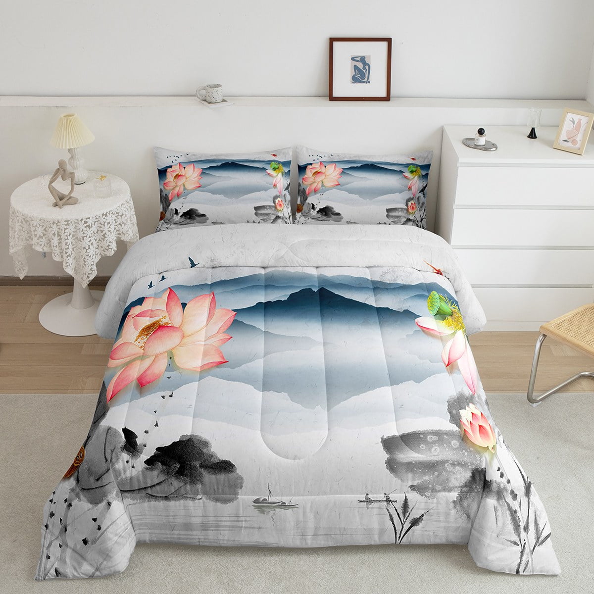 Erosebridal Oriental Style Comforter Set Twin Pink Lotus Flower Bedding ...