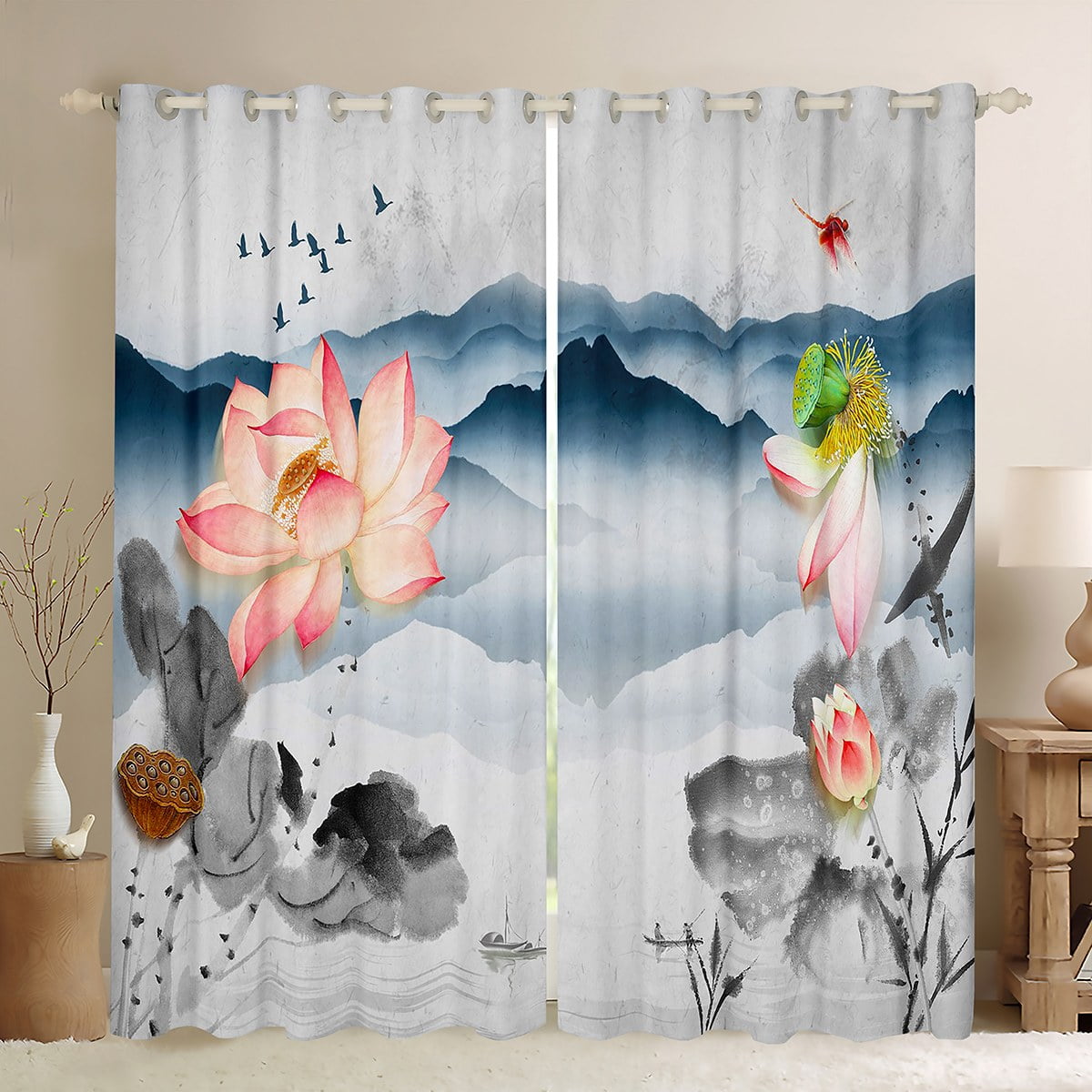 Oriental Style Curtains Pink Lotus Flower 30%-50% Blackout Curtains ...
