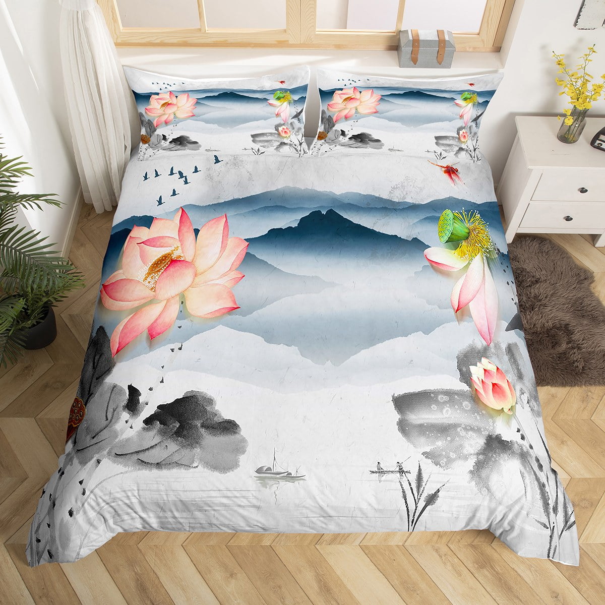 YST Oriental Style Duvet Cover Twin Pink Lotus Flower Bedding Set for ...