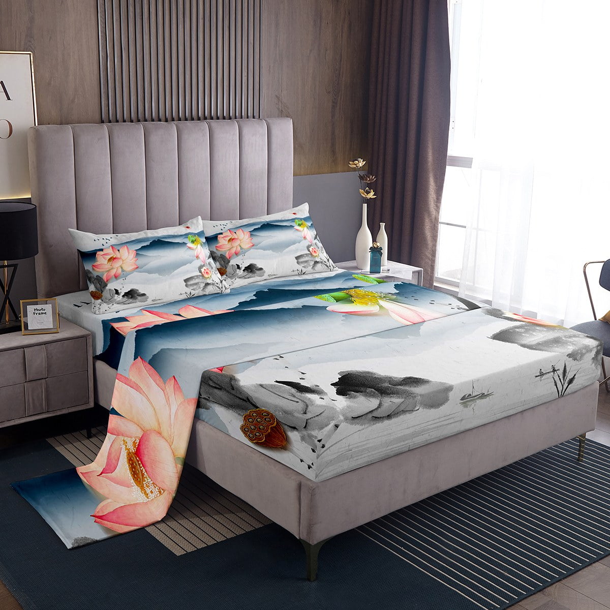 Oriental Style King Sheet Set Pink Lotus Flower Sheets Women ...