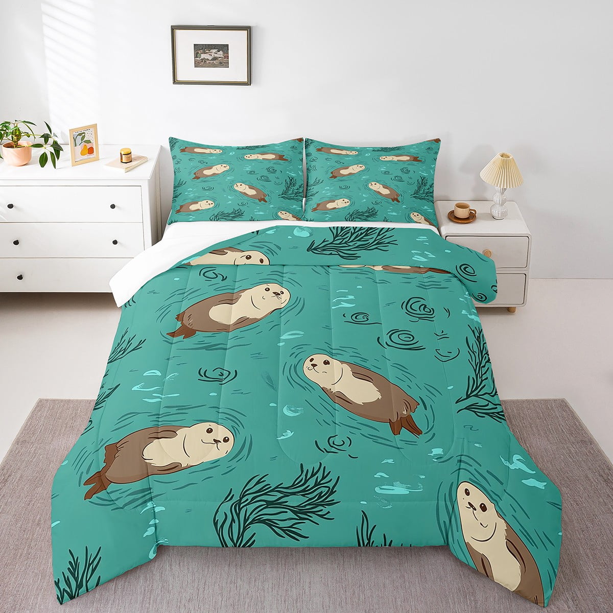 Otter Bedding Set Full Cute Ocean Animal Comforter Set Cartoon Marine ...