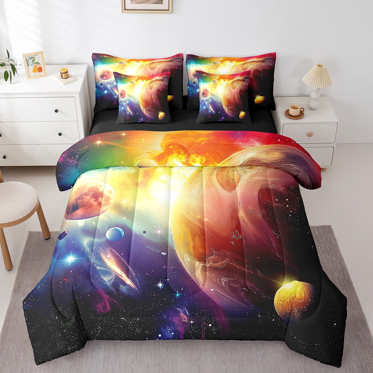 Outer Space Comforter Set 7 Piece Full Purple Galaxy Quilt with Flat ...