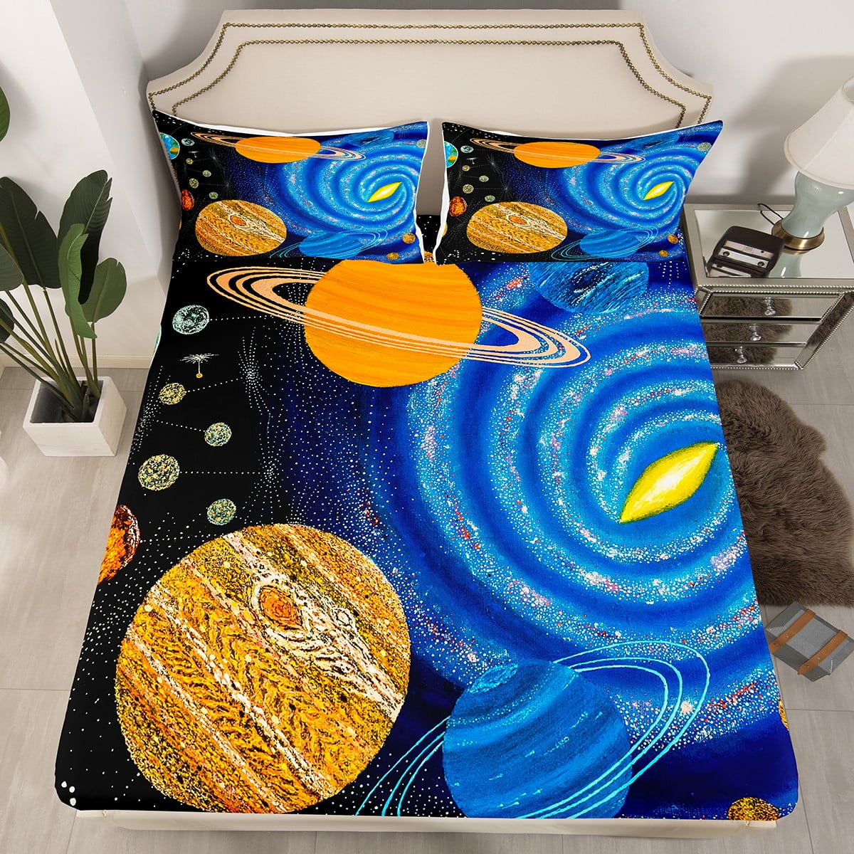 Outer Space Fitted Sheet Queen Universe Themed Bed Sheets Purple Galaxy ...