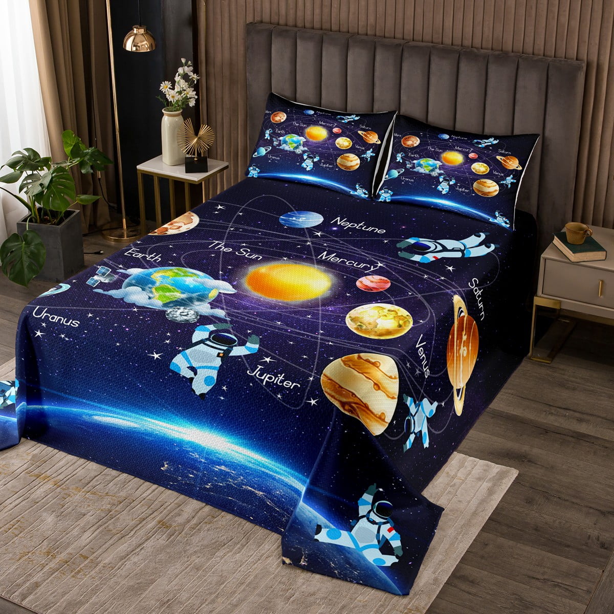 Outer Space Twin Quilt Set Planet Bedspread, Solar System Coverlet Set ...