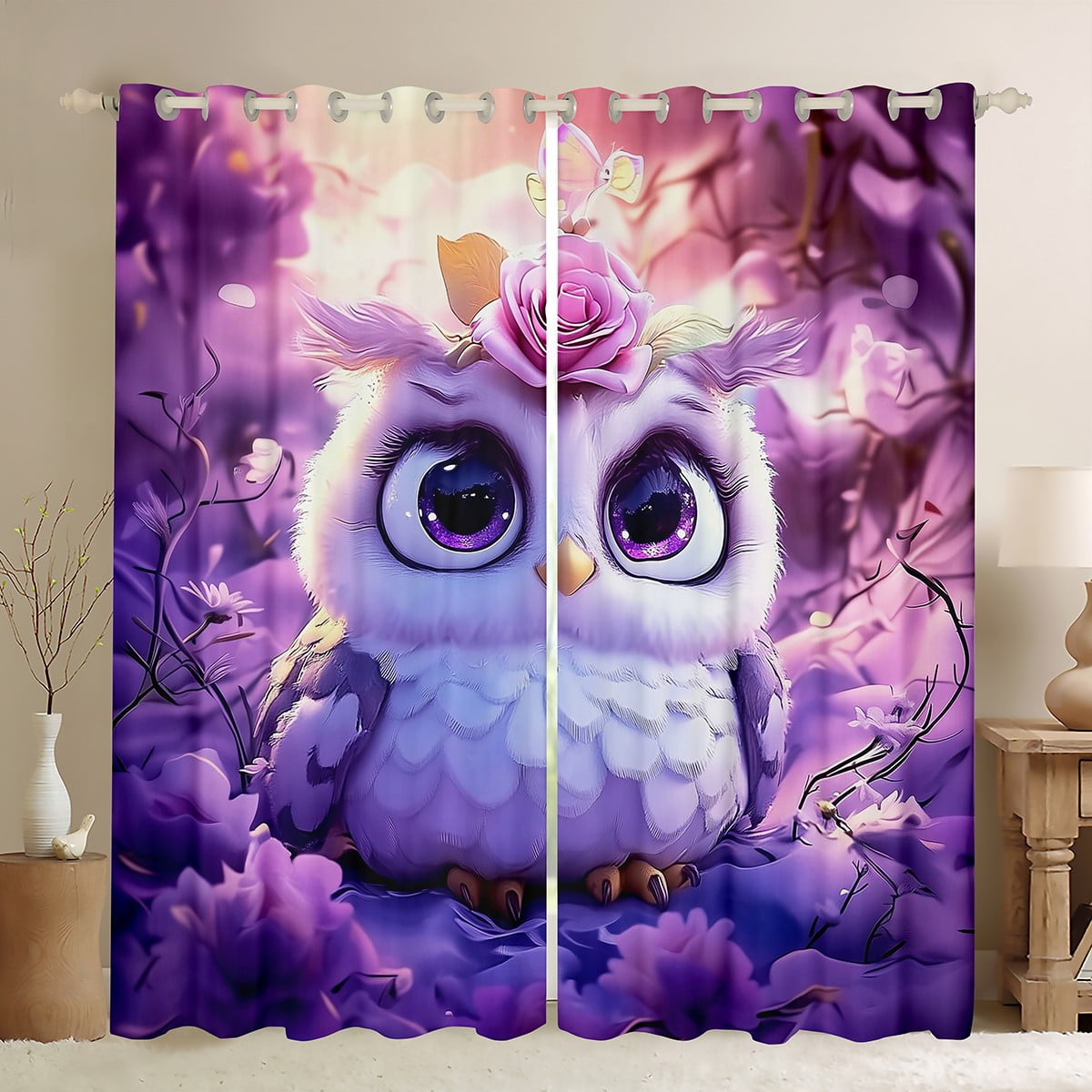 YST Owl Curtains Bird Blackout Curtains Kawaii Animal Owl Rose Flower ...