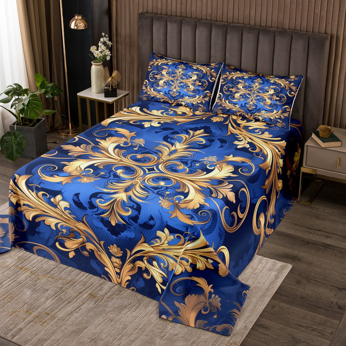 YST Paisley Bedspread Set Flower King Quilt Set, Navy Blue Gold ...
