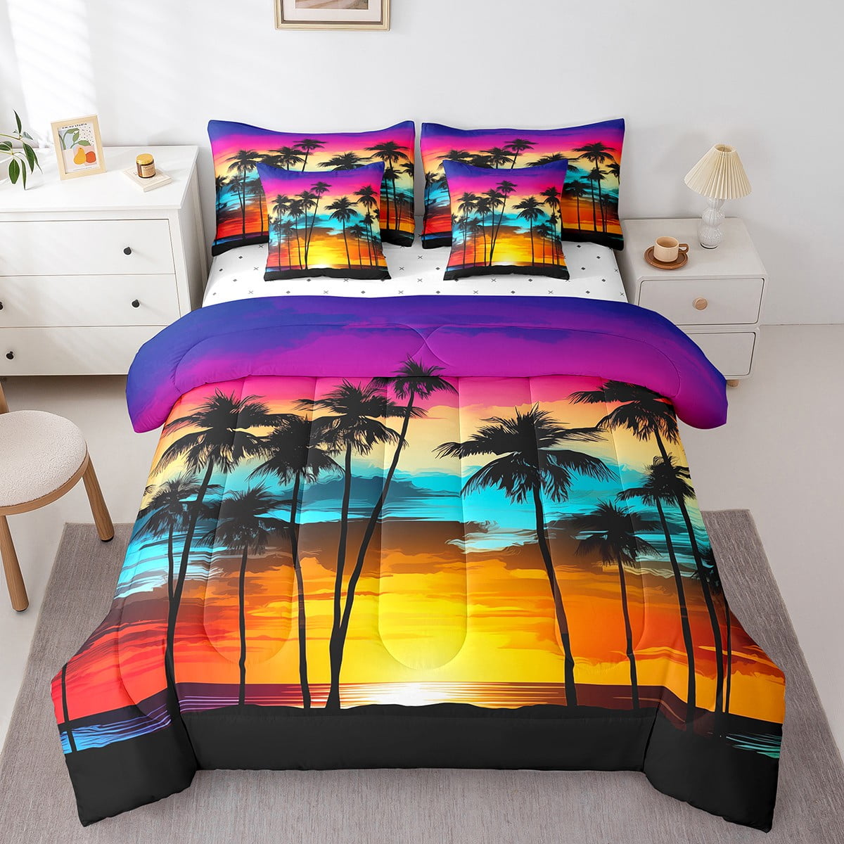 Palm Tree Beach Comforter Set Full 7 Piece Purple Orange Ocean Sunset ...