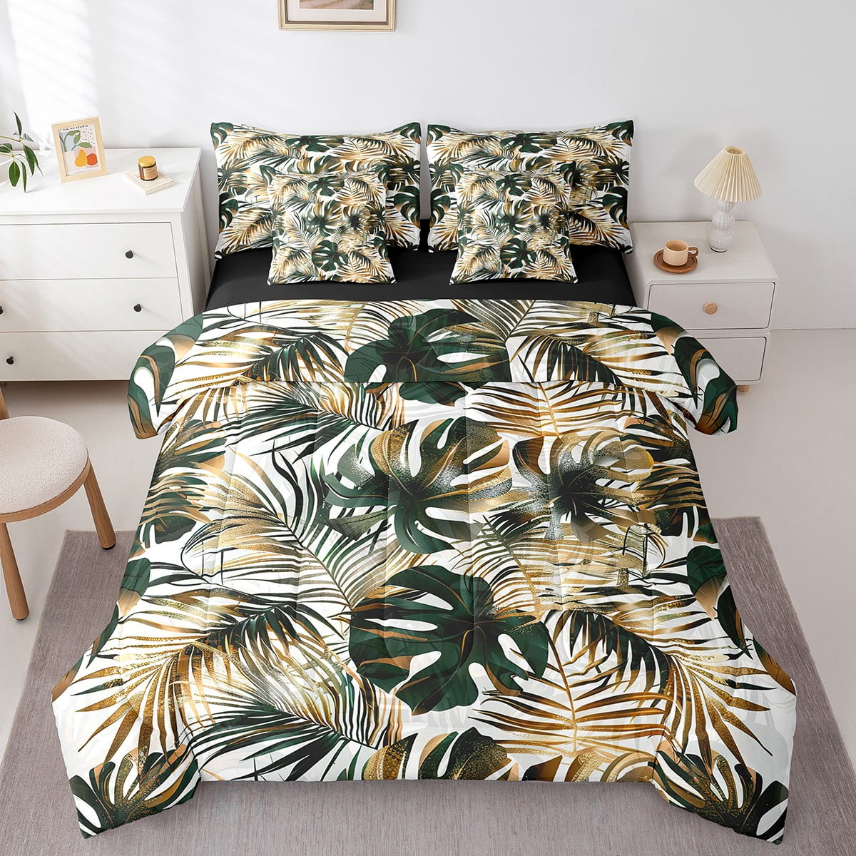 YST Palm Tree Leaf Bed In A Bag King Gold Green Hawaii Tropical ...