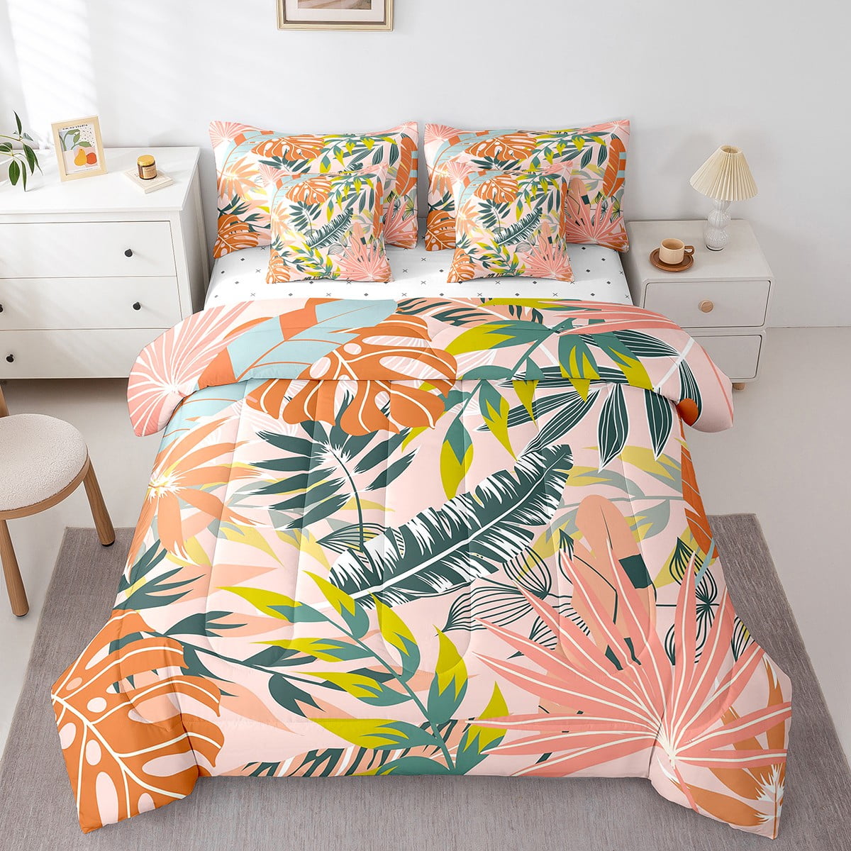 YST Palm Tree Leaves Bed in a Bag 7 Pieces Tropical Jungle Bedding Set ...