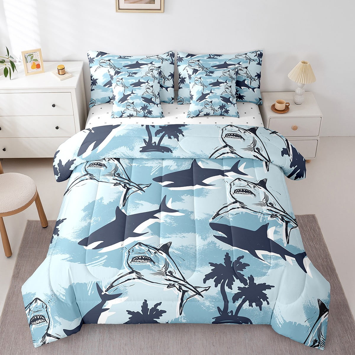 Palm Tree Shark Comforter Set Queen 7 Piece Blue Ocean Marine Animal ...