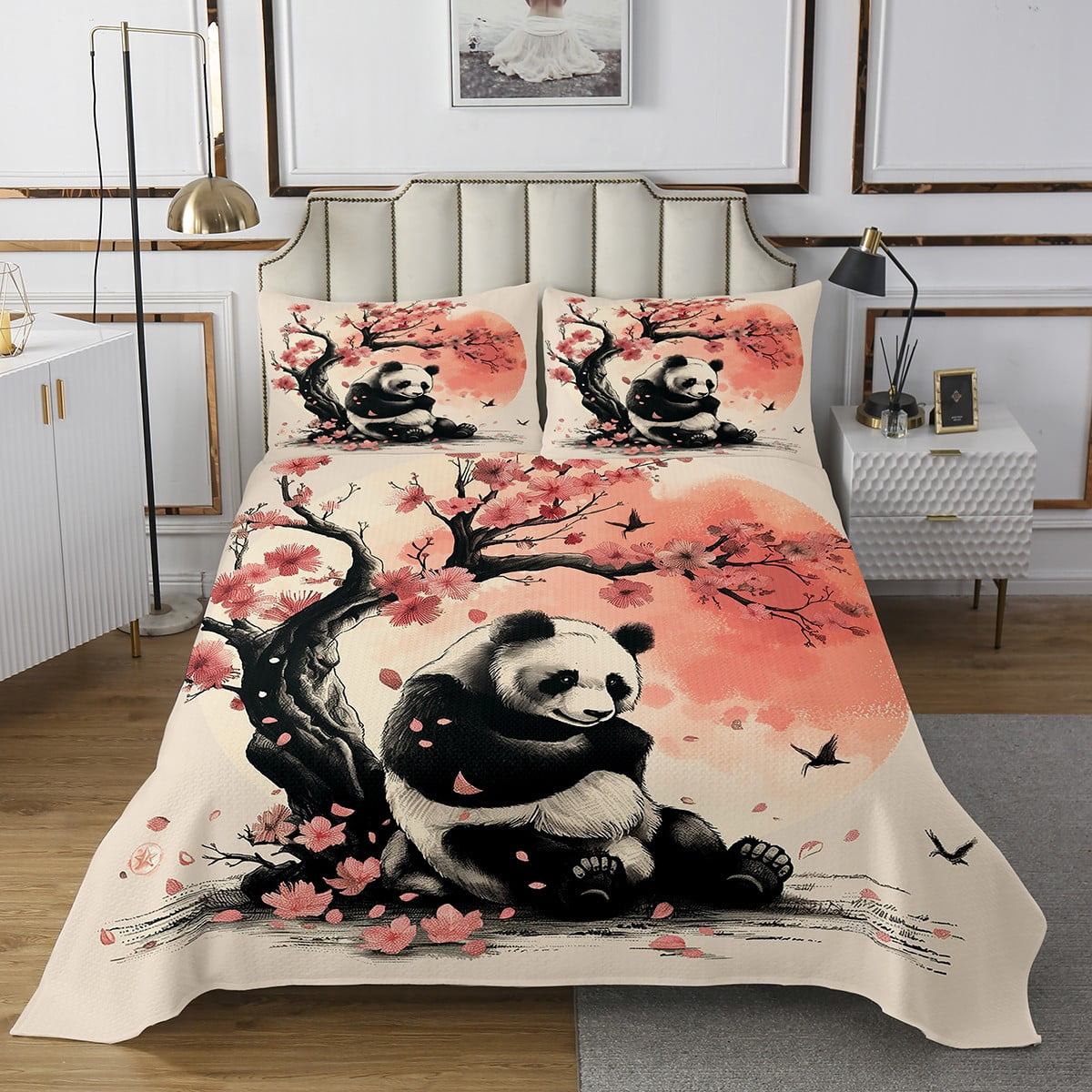 YST Panda Bedspread Set King Japanese Cherry Blossom Quilt Set Cute ...
