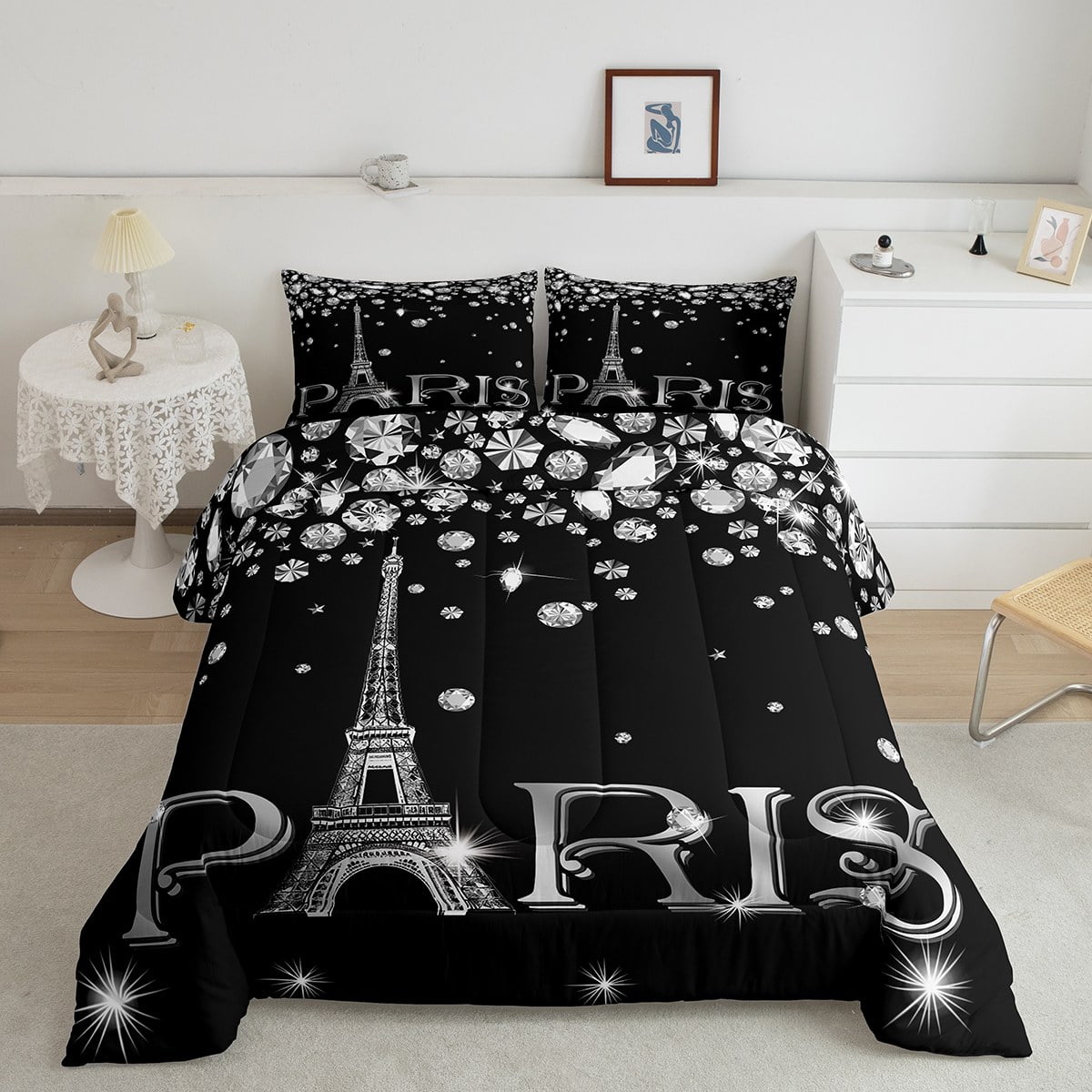 Paris Bedding Set Teens,Eiffel Tower Comforter Set Full,Black White ...