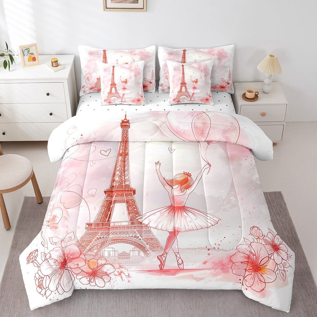 Paris Comforter Set 7 Piece Queen Red Eiffel Tower Bedding Set With ...