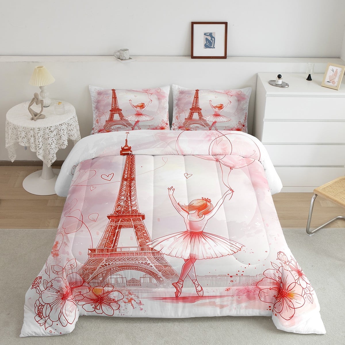 YST Paris Comforter Set Full Red Eiffel Tower Bedding Set For Kids Girls Women Bedroom Decor ...