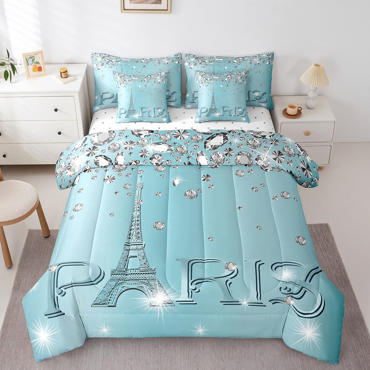 YST Paris Comforter Set for Girls Teens,Eiffel Tower Sequins Bed in A ...