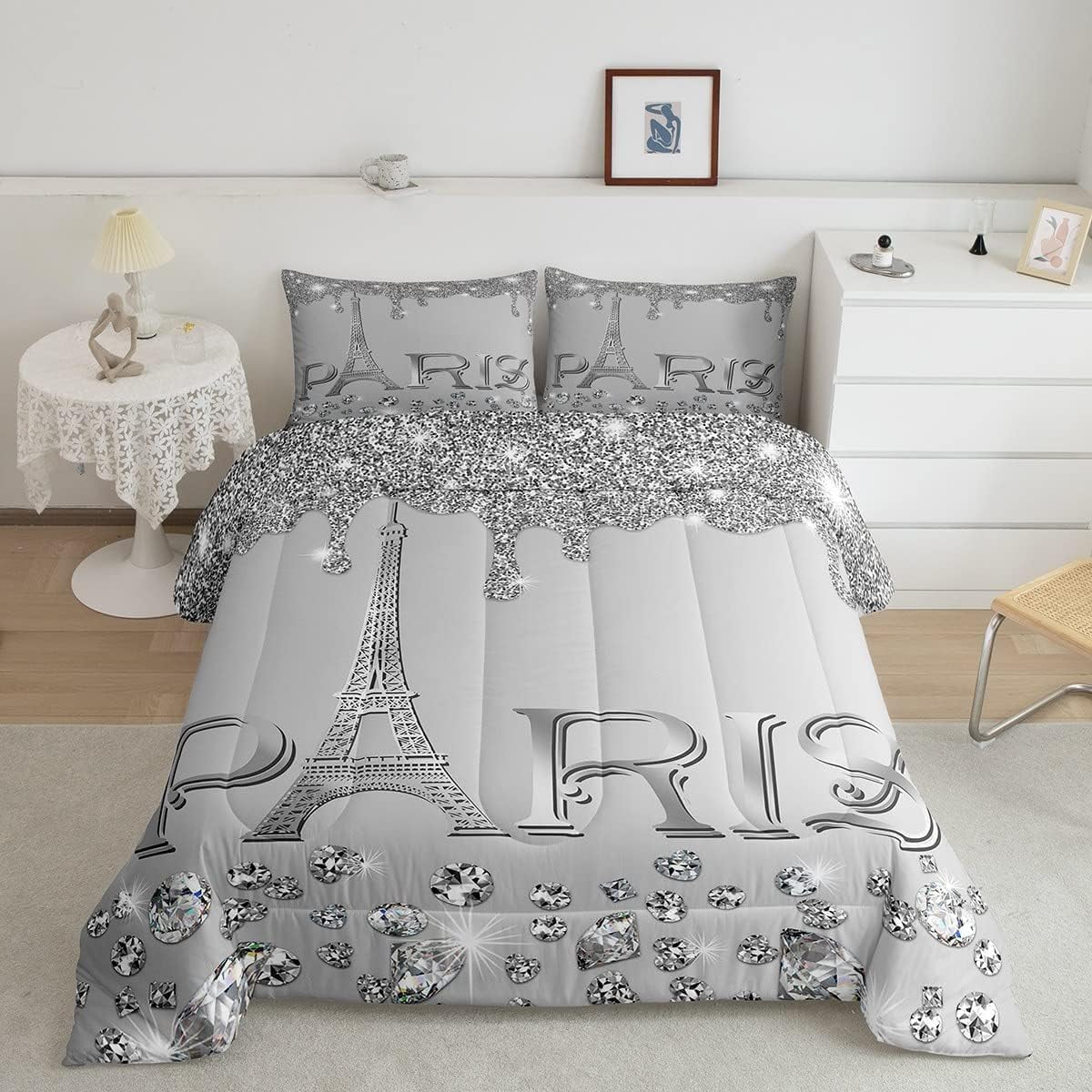 Paris Comforter Set Queen Women,Glitter Eiffel Tower Bedding Set,Grey ...