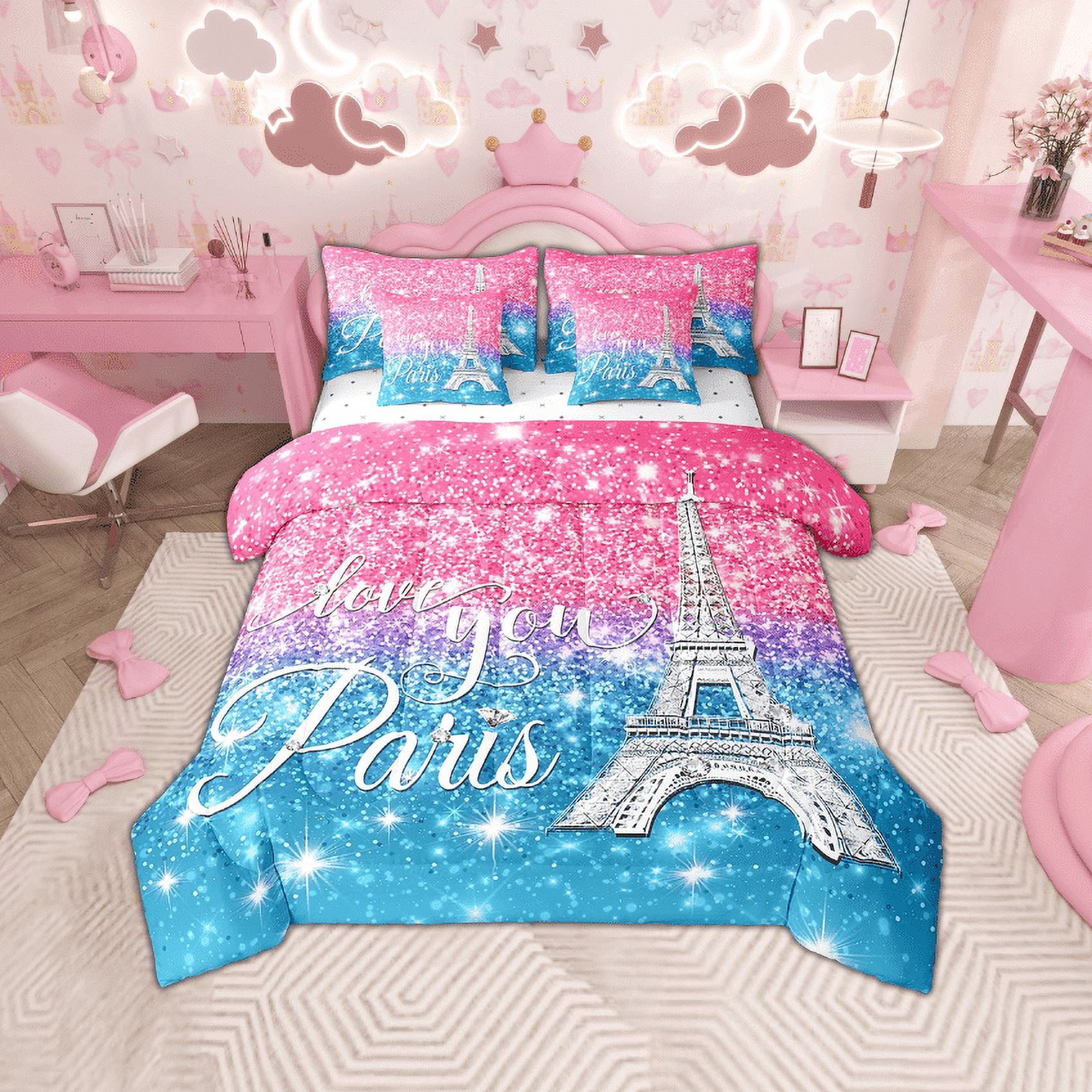 Paris Comforter Sets Queen for Women,Girly Glitter Eiffel Tower Bed in ...