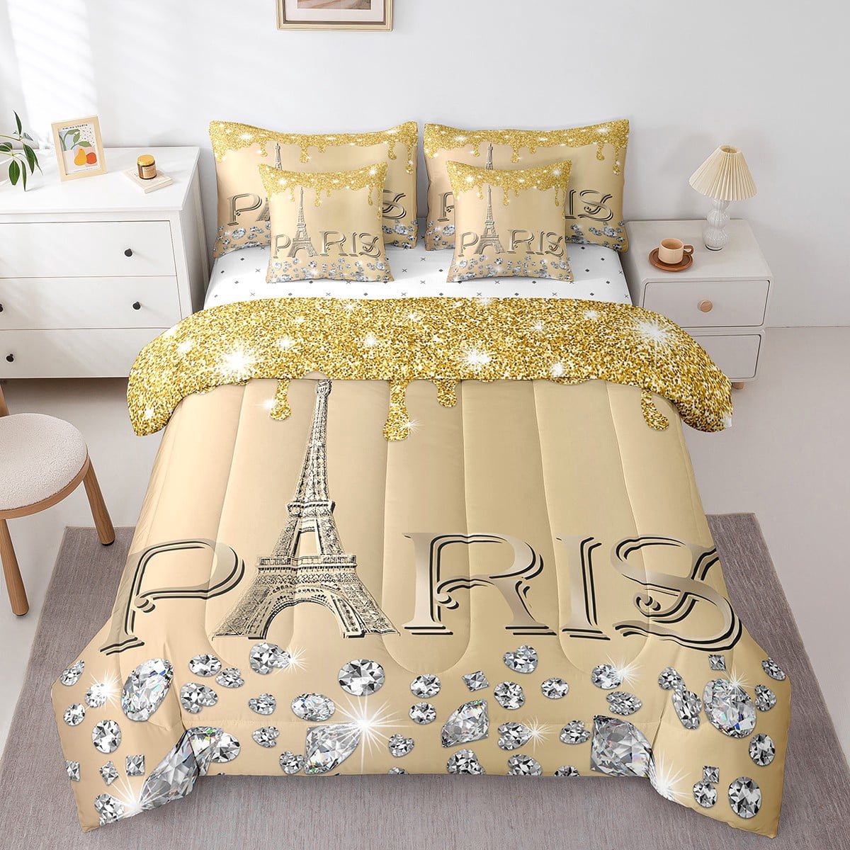 Paris Comforter Sets Twin for Women 7 Piece,Girly Glitter Eiffel Tower ...