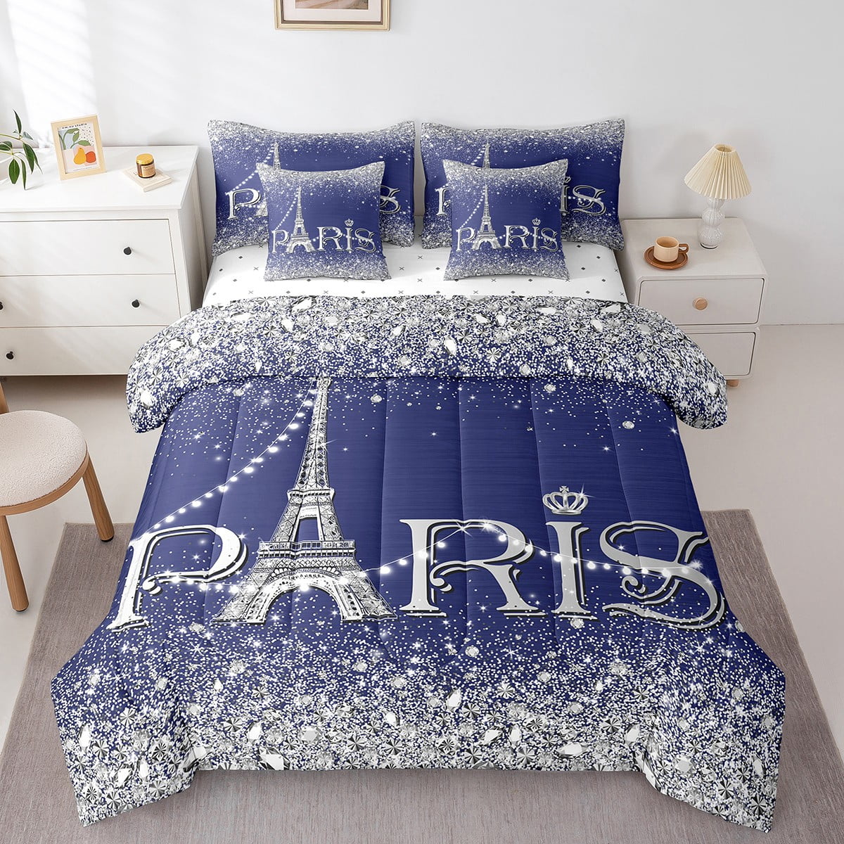 Paris Comforter Sets Twin for Women,Girly Glitter Eiffel Tower Bed in A ...