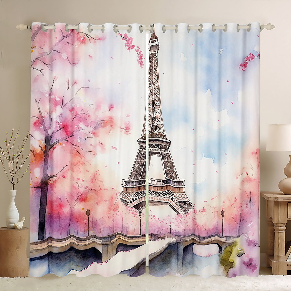 Erosebridal Paris Curtains & Drapes Girlfriend Women Pink Cherry Blossoms Curtains, Eiffel Tower ...