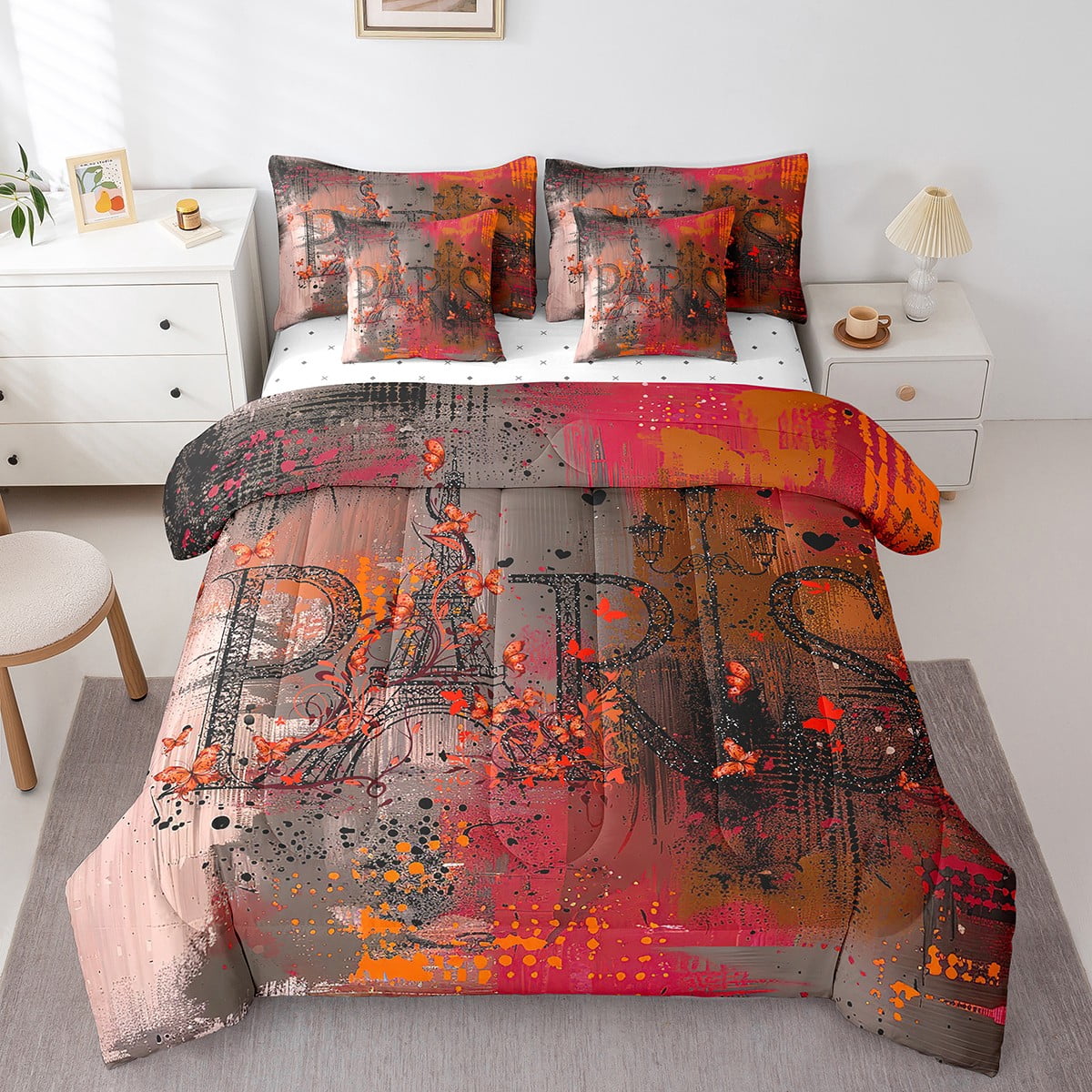 Erosebridal Paris Print Bedding Comforter Sets 7 Pieces Brown Red ...