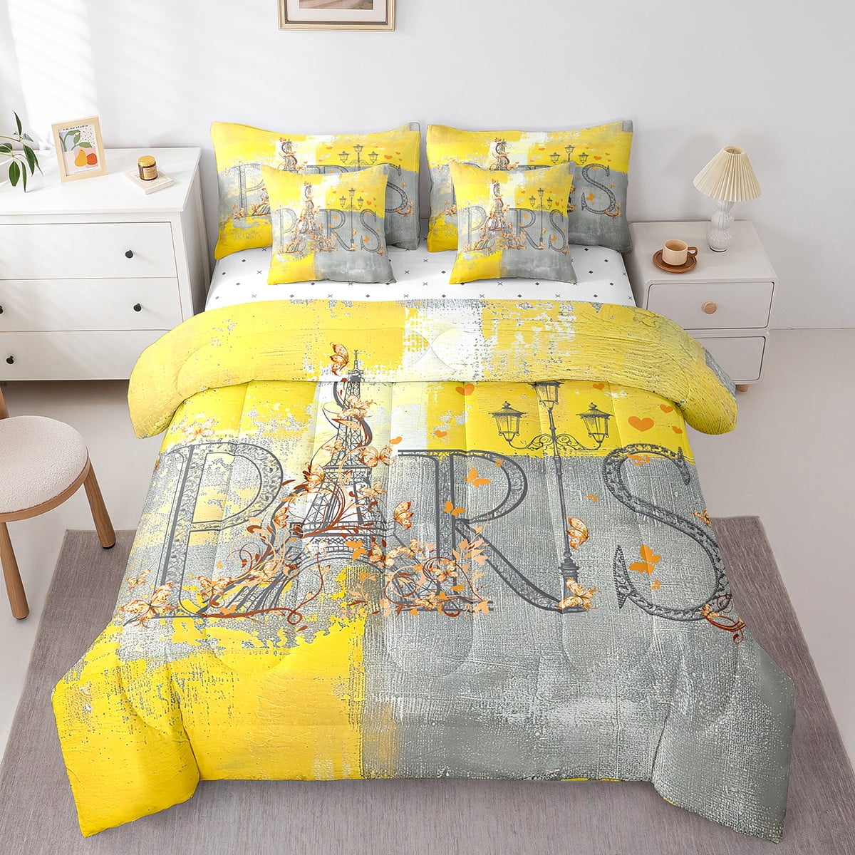 Paris Print Bedding Comforter Sets 7 Pieces Yellow Grey Bedding Set ...