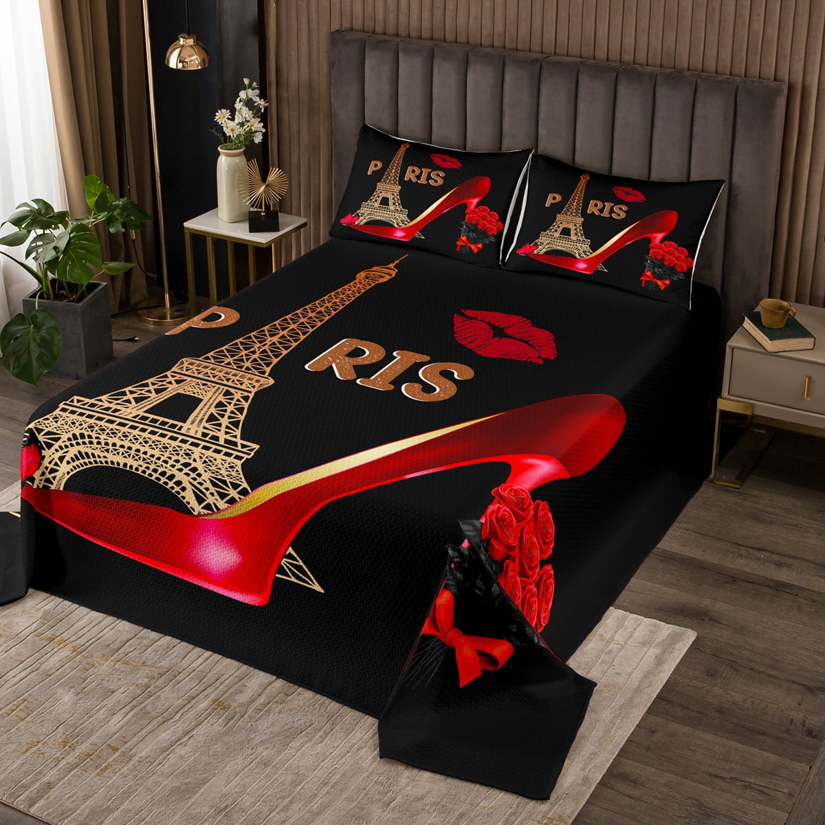 YST Paris Quilt Set Queen for Women Girls High Heels Romantic Rose ...