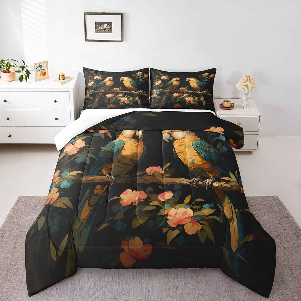 Erosebridal Parrot Animal Bedding Set Queen Pink Floral Flower ...