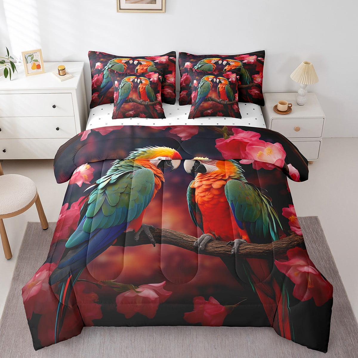 YST Parrot Comforter Set King 7 Piece Tropical Bird Parrot Bed in a Bag ...