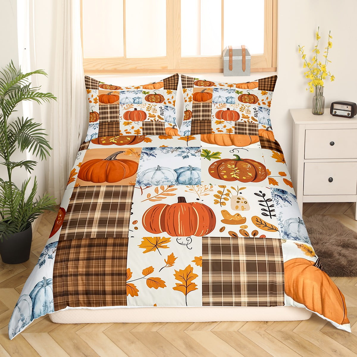 Patchwork Autumn Fall Comforter Set Blue Orange Pumpkin Quilt Set ...