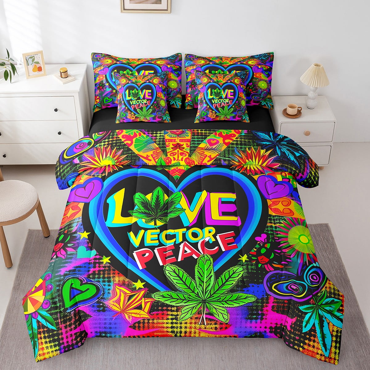 YST Peace Symbol Queen Comforter Set Hippie Marijuana Weed Leaf Bed In ...