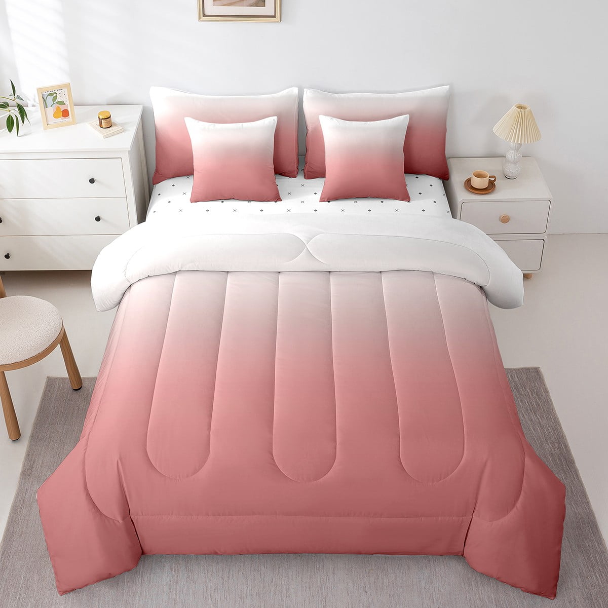 Peach Bed in a Bag 7 Piece,Abstract Ombre Comforter Set Twin Size,Pink ...