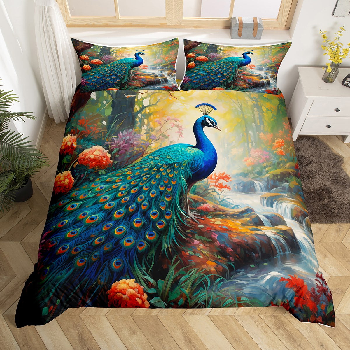 Peacock Bedding Set, Magnificent Animal Vibrant Colorful Feathers ...