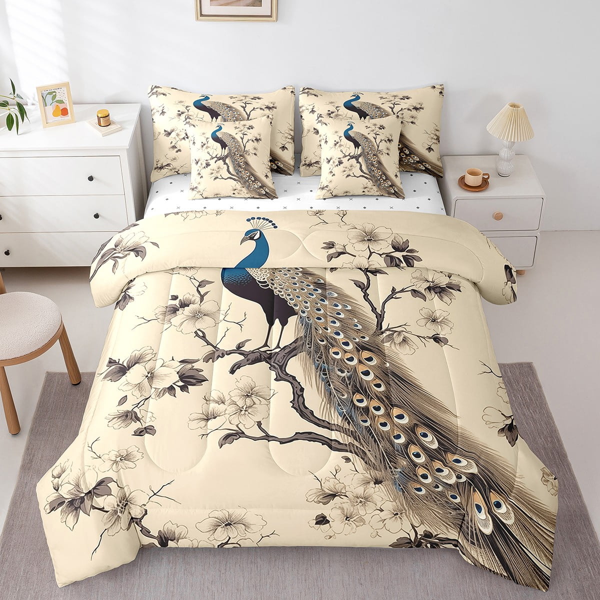 Peacock Printed Full Size Comforter Set 7pcs Vintage Floral Bedding ...