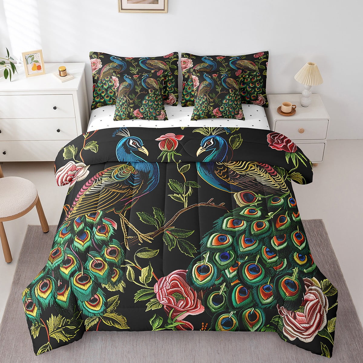 YST Peacock Quilt with Flat Fitted Sheet Vintage Flower Bed In A Bag 7 ...